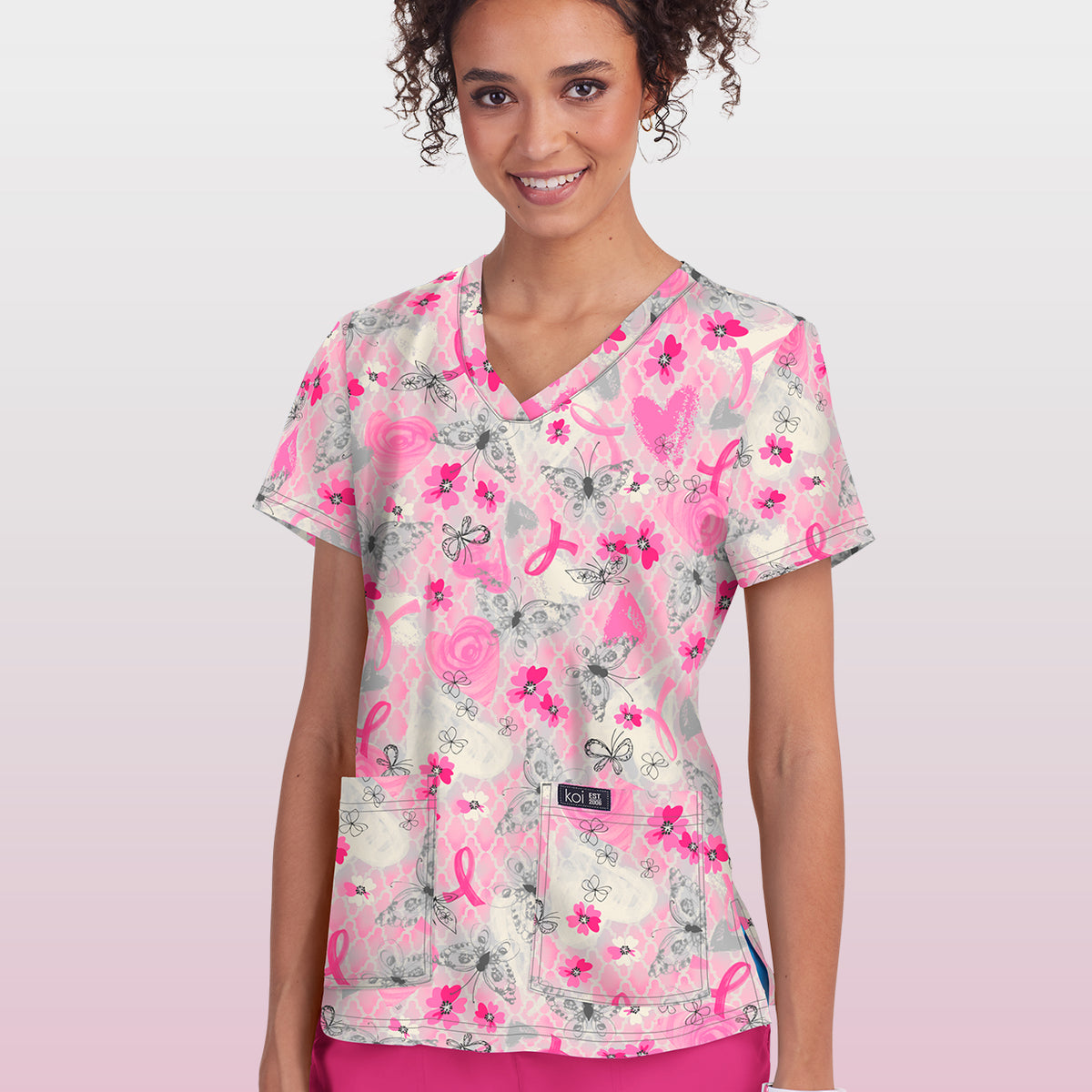 Koi Basics Leslie Scrub Top - BCRF Pretty Ribbon – Happythreads UK